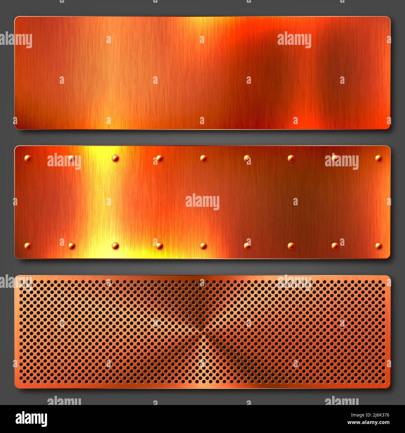 Realistic copper banners collection. Brushed stainless steel plate ...