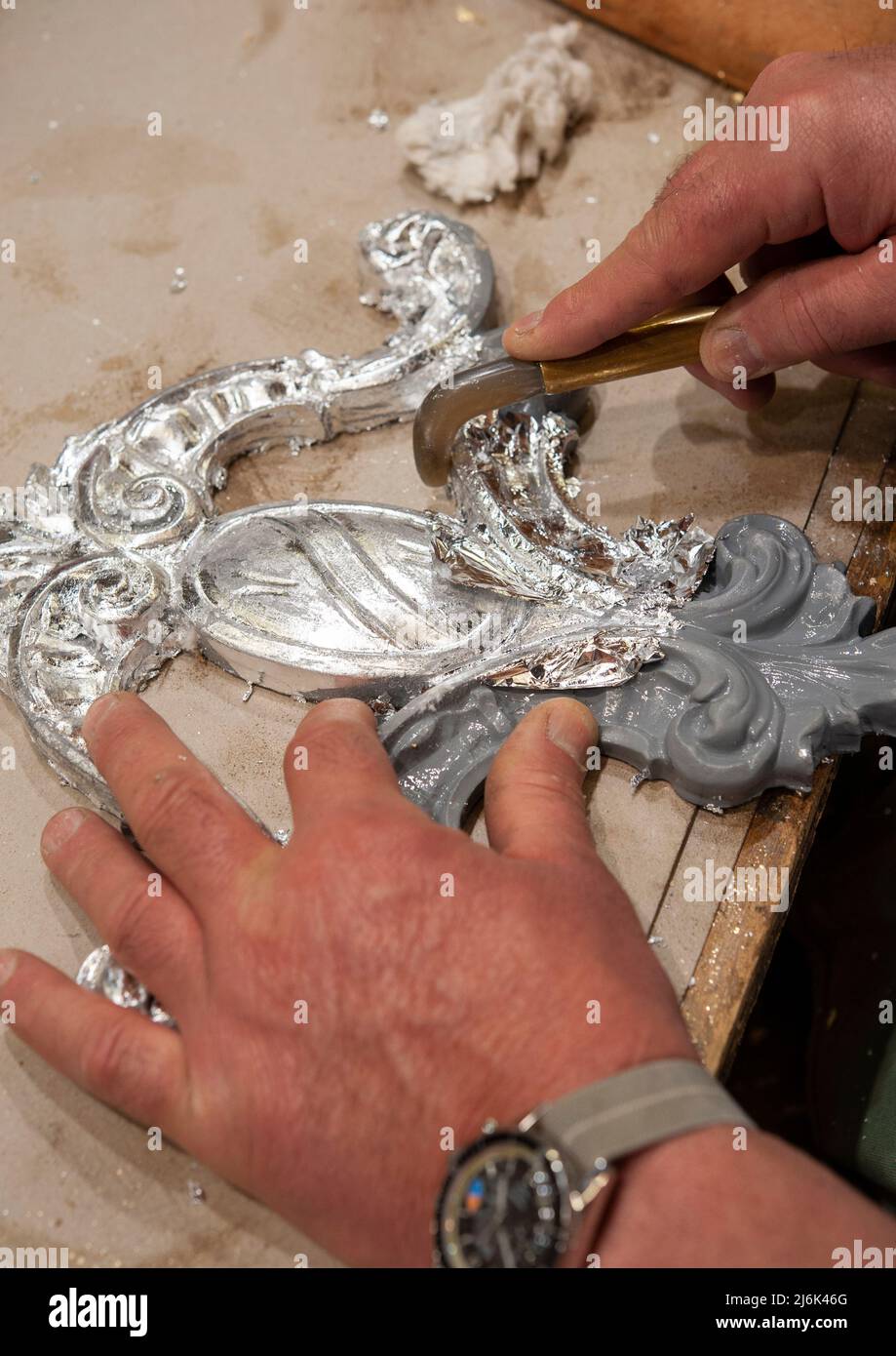 Silvered frame ready for burnishing with an agate stone tool. Silvering ...