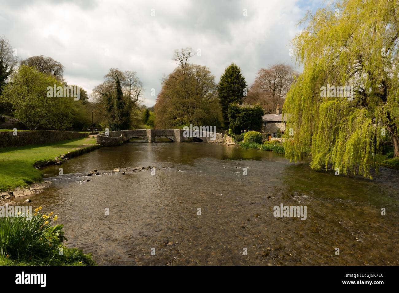 Old bridge over the River Wye at Ashford in the Water, near Bakewell ...