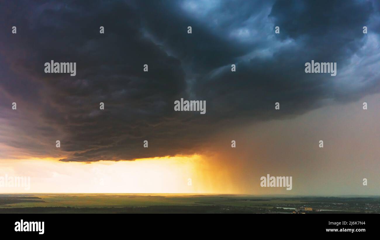 Aerial View Storm Cloudy Rainy Sky. Dramatic Sky With Dark Clouds In ...