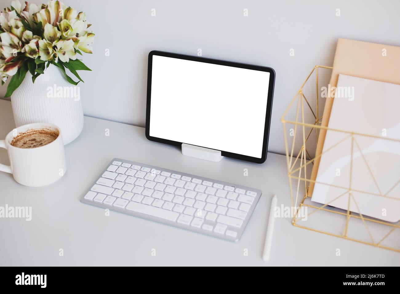 Stylish feminine workspace with graphic designer tablet mockup ...