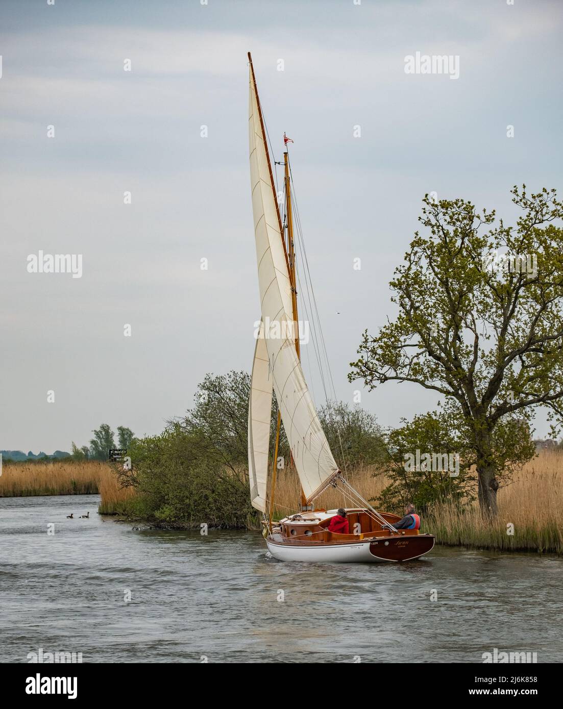 Traditional wooden sailboat sailing along the River Bure, Norfolk ...
