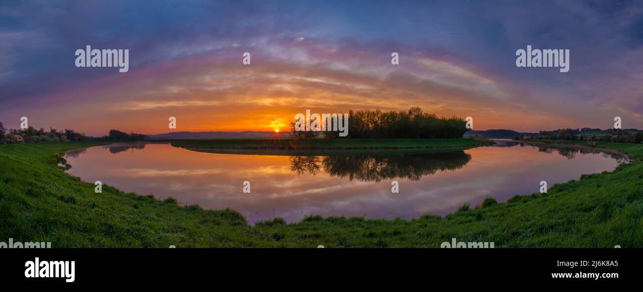 Morava river with color sunrise near Kvasice village in central Moravia ...