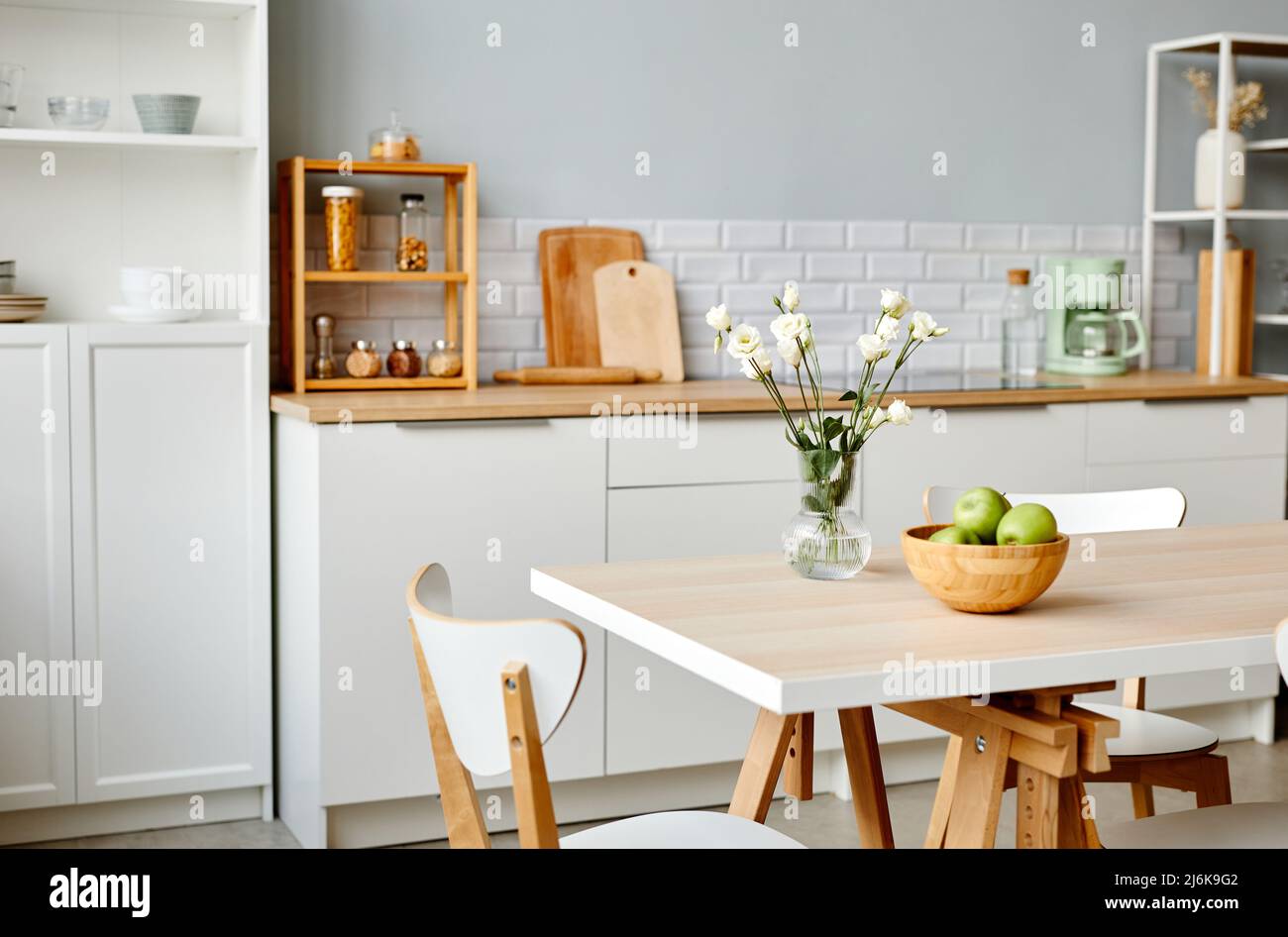 Background image of minimal kitchen interior in white with fresh ...