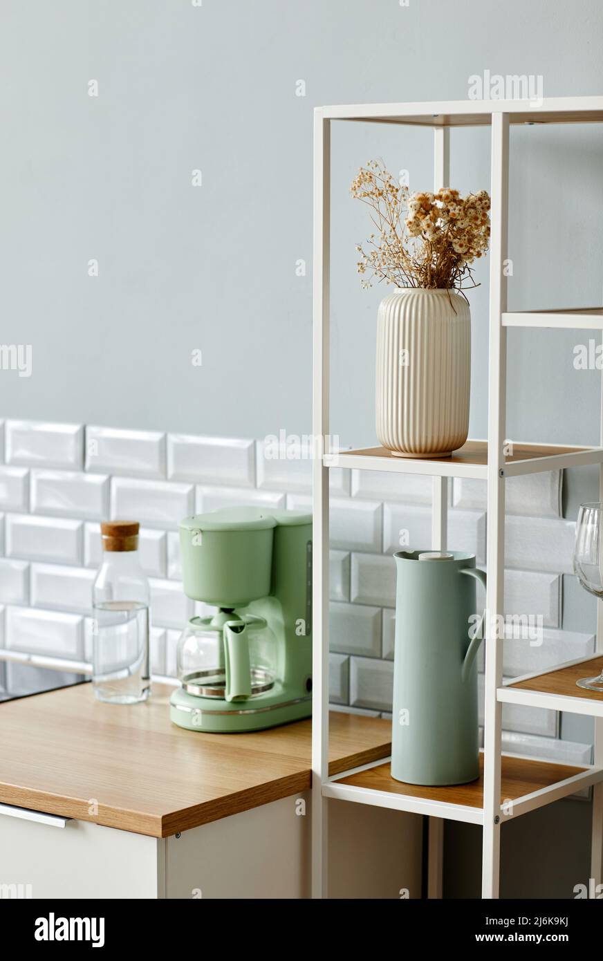 Vertical background image of minimal kitchen interior with open shelf ...