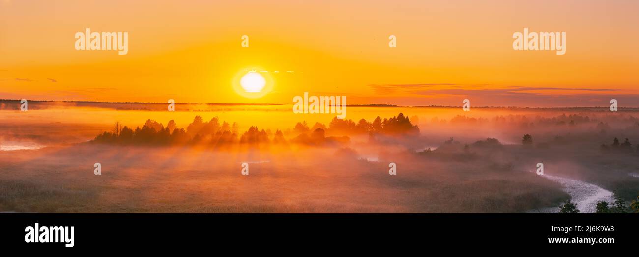 Amazing Sunrise Over Misty Landscape. Scenic View Of Foggy Morning Sky ...