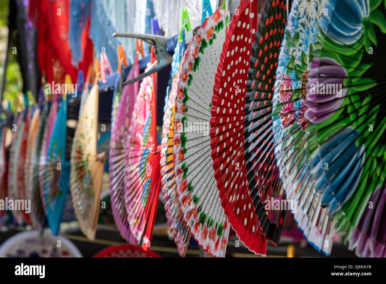 A market stall at the Rastro flea market in Madrid with typical Spanish ...