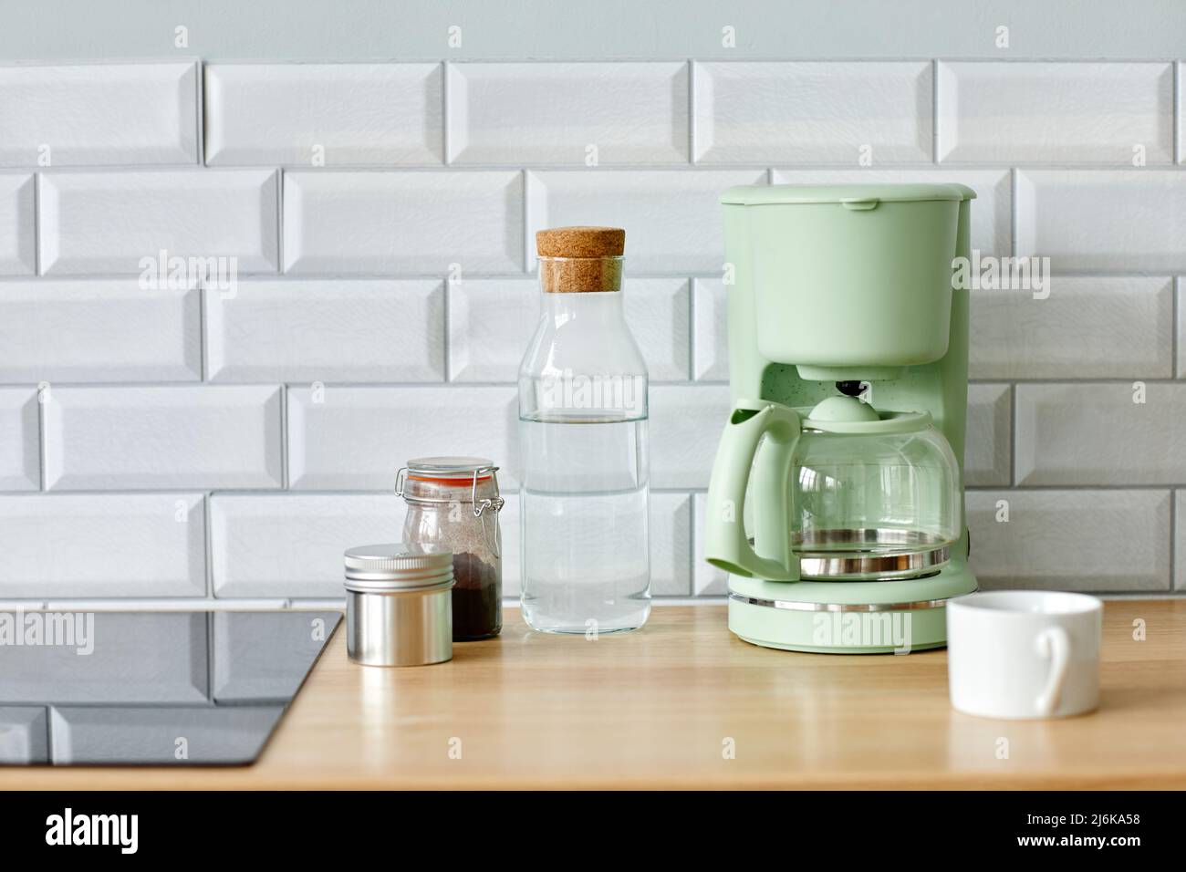 Minimal background image of home coffee station on wooden kitchen ...