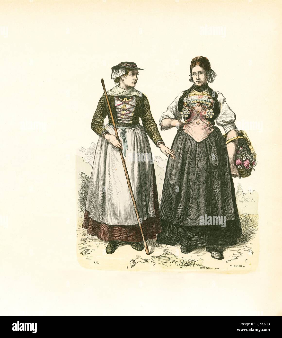 Swiss Folk Dress, Valais, Unterwalden, late 19th Century, Illustration ...