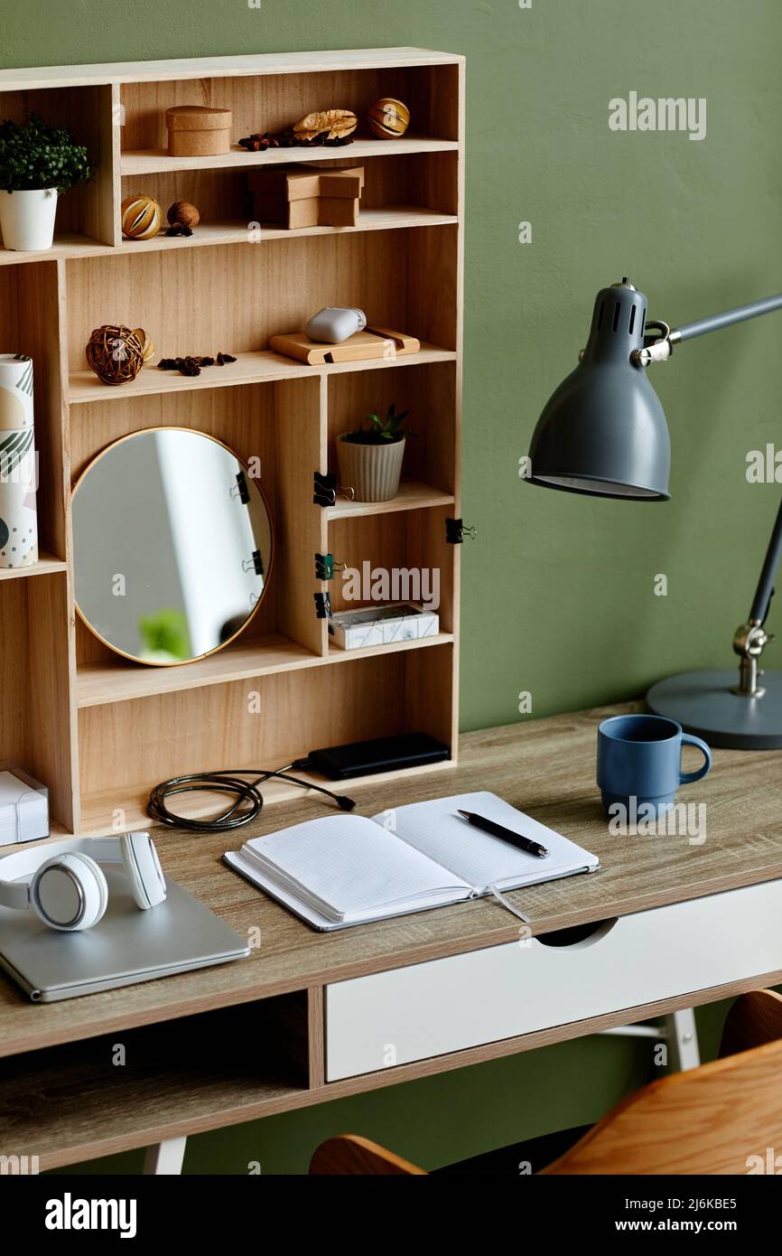 Vertical background image of modern home office workplace with wooden ...