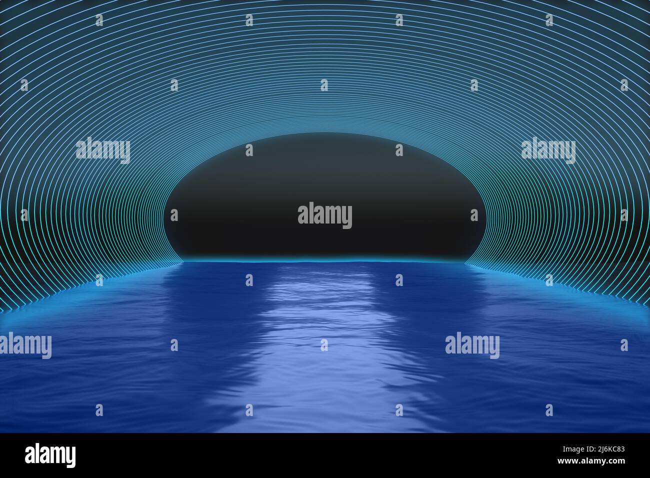 corridor of blue neon ellipse lines over the water. 3d rendering Stock ...