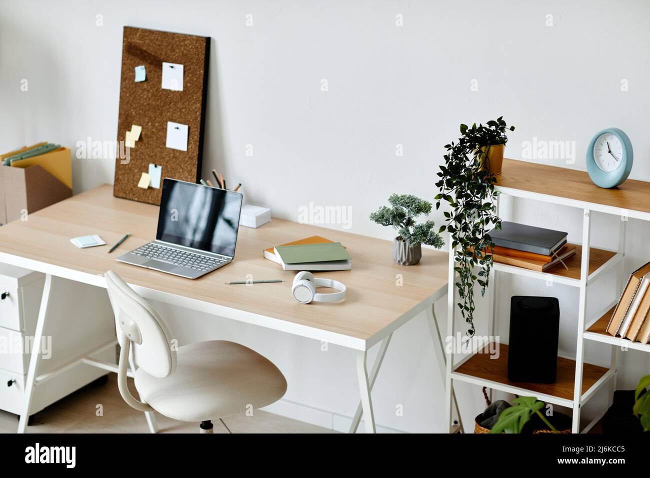 High angle background of simple home office workplace decorated with ...
