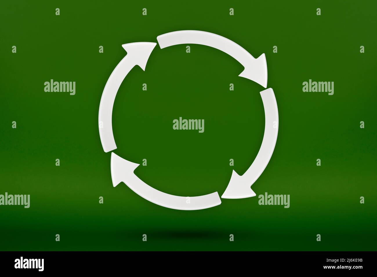 Ecology, recycling symbol, white arrows form a circle. 3D image on a ...
