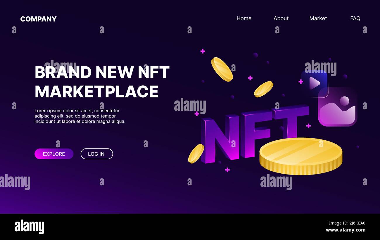 NFT marketplace Illustration. Purple Landing Website Page. Vector ...