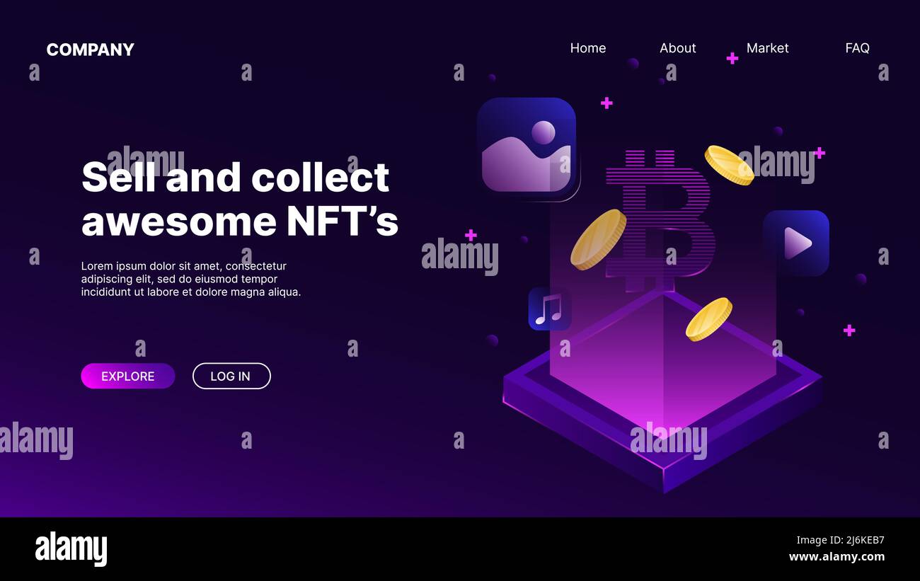 Isometric Web Design Template Landing Page For Nft Marketplace Vector