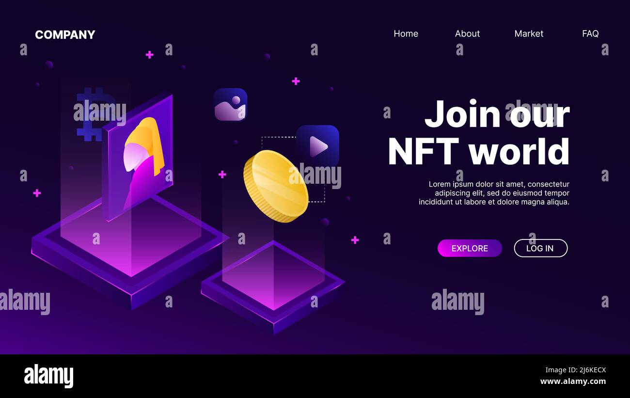 NFT Marketplace Web Page Template. Purple Illustration with Coins and ...