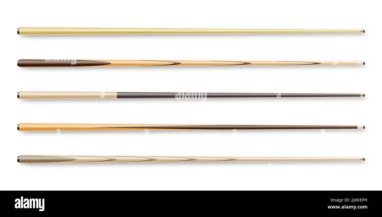 Various wooden billiard cues isolated on white background. Snooker sports equipment. Vintage ...