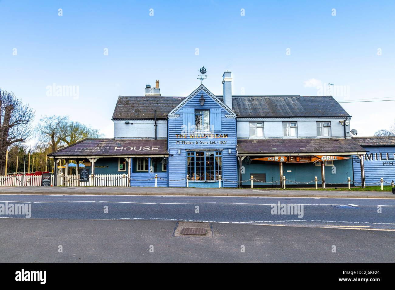 Blue exterior of The Millstream pub in Hitchin, Hertfordshire, UK Stock ...