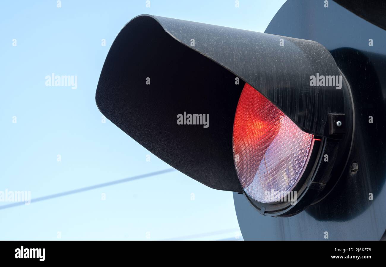 Rail crossing red warning light, train crossing railroad station safety ...