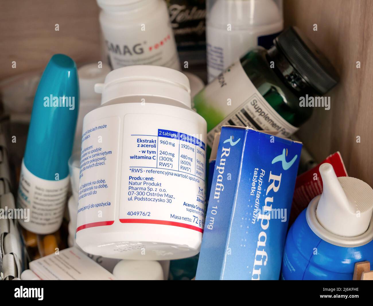 Drugs, supplements and medical supplies drawer detail, closeup ...
