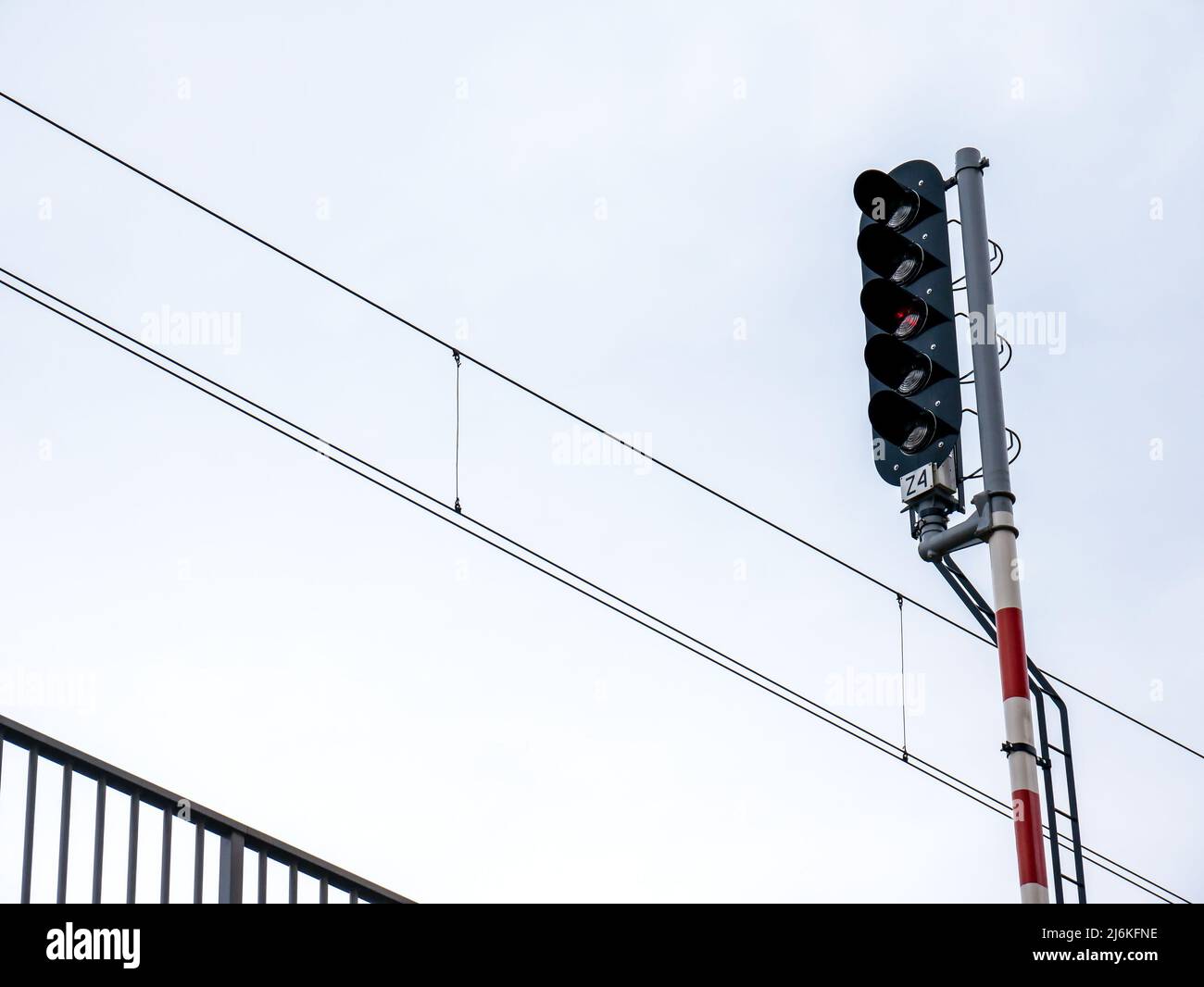 One single modern railway signal pole background, copy space, nobody ...