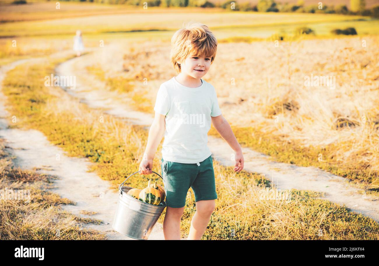 Enjoy moment. Walk on countryside. Emotional kid walk outdoors and ...