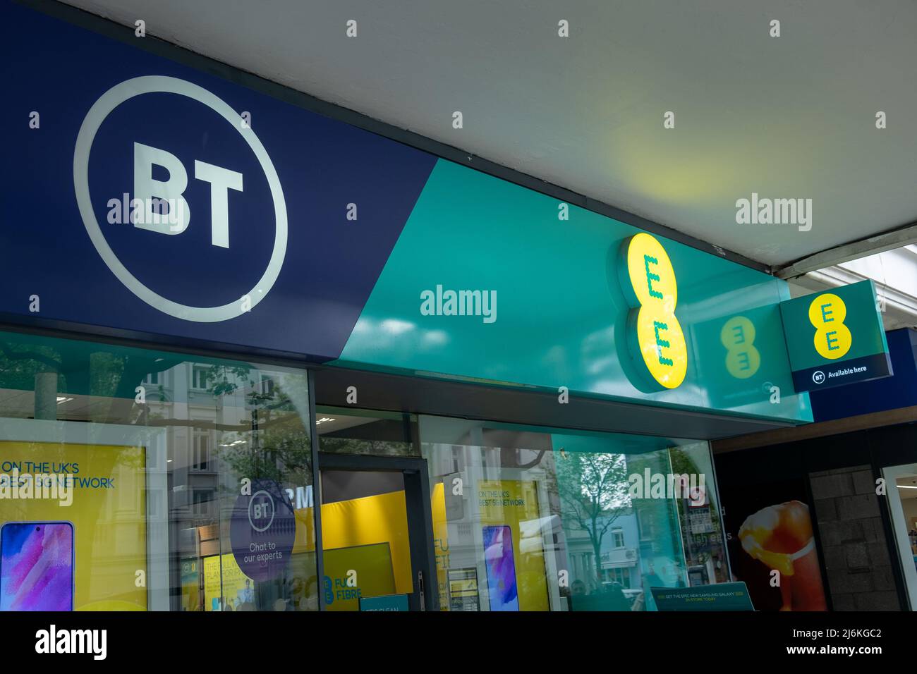 London- April 2022: EE BT branch on Notting Hill high street. A ...