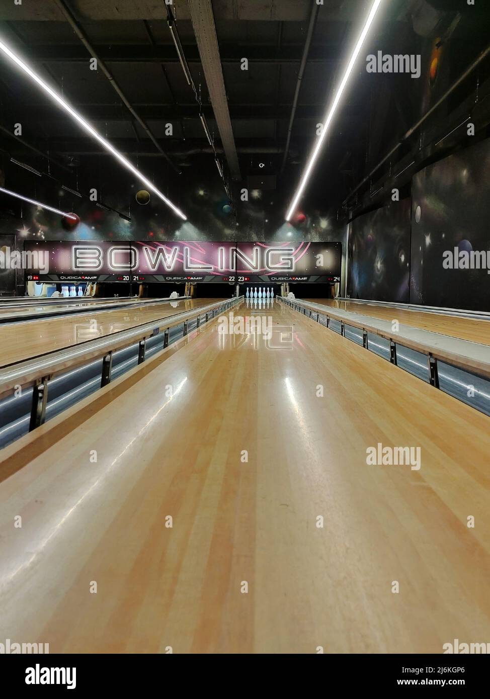 Front view of a bowling alley. Photographed in perspective Stock Photo ...