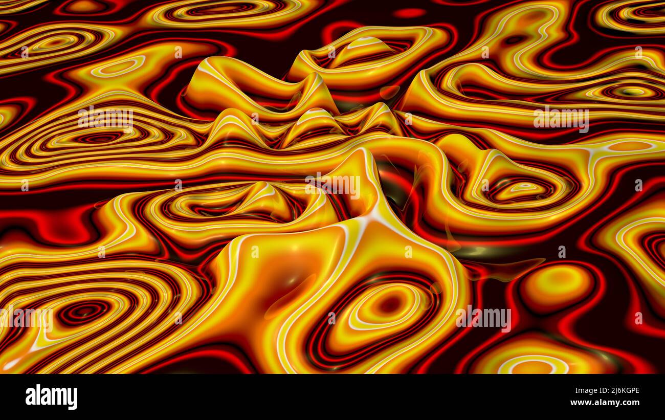 Abstract background of volcanic lava moving in red, yellow and black ...
