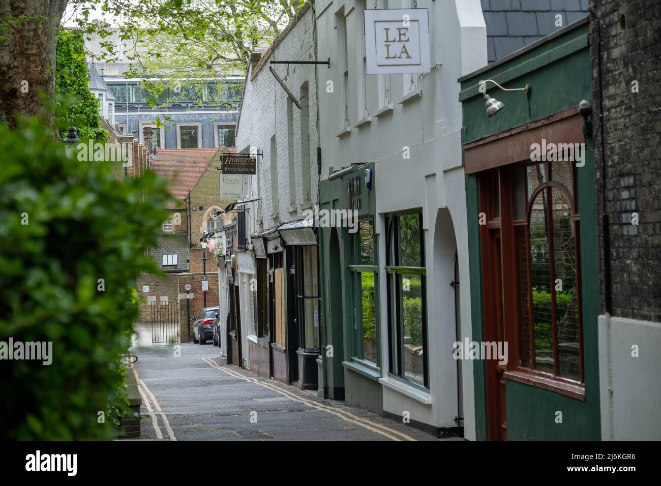 London, April 2022: Kensington Church Walk, off Kensington High Street ...