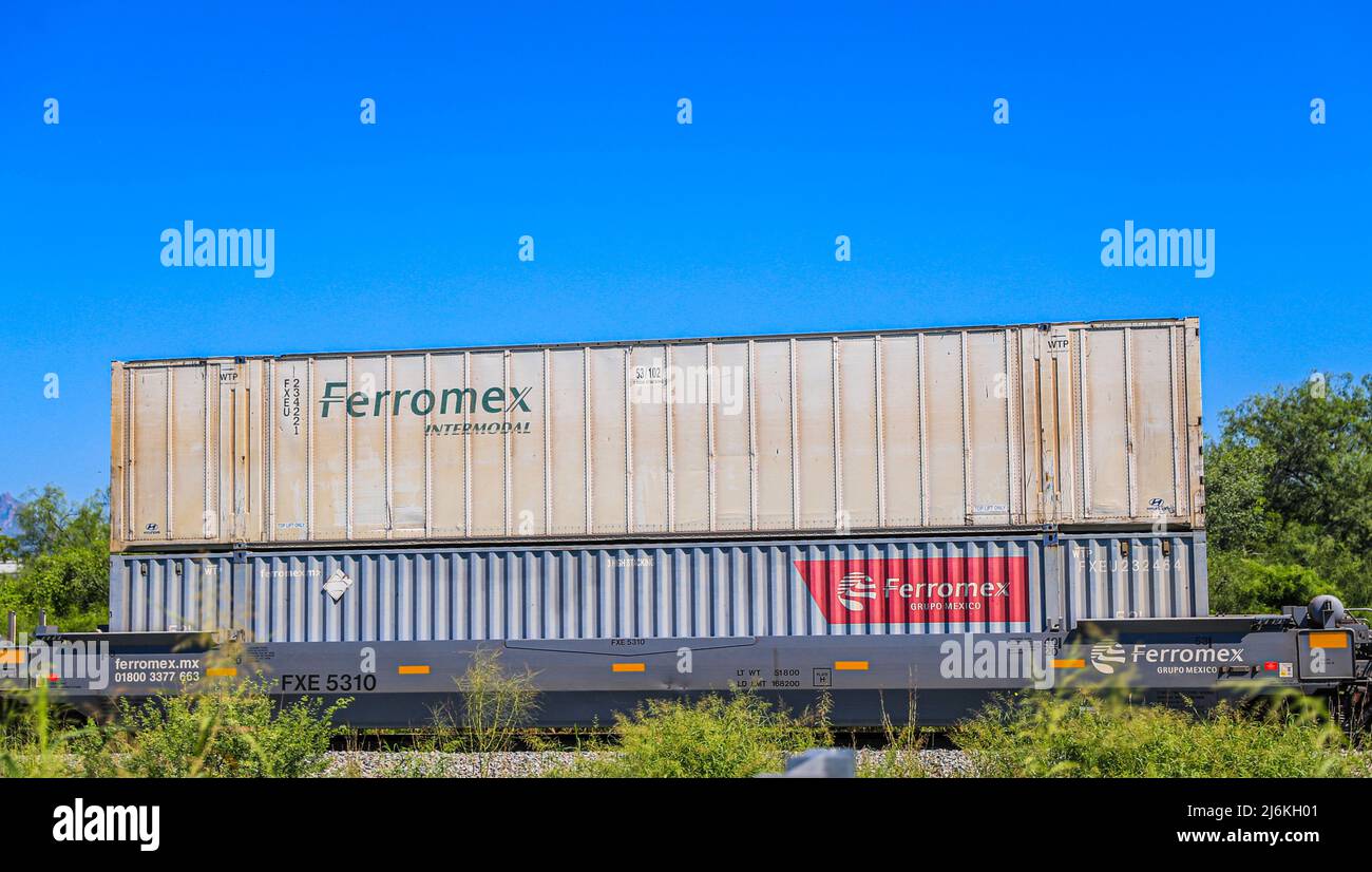 Feromex company train passing through Navojoa, Sonora Mexico. Mexican ...
