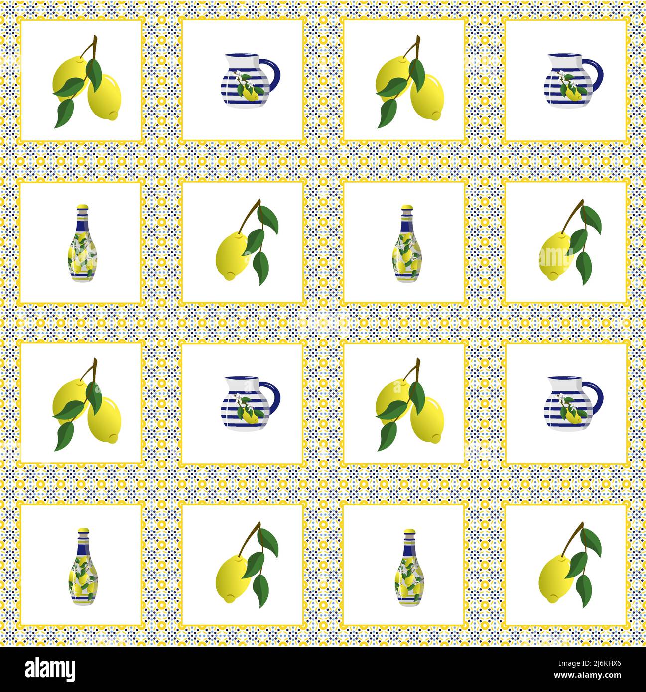 Pattern with Italian mosaic lemons and jug. Vector illustration with ...