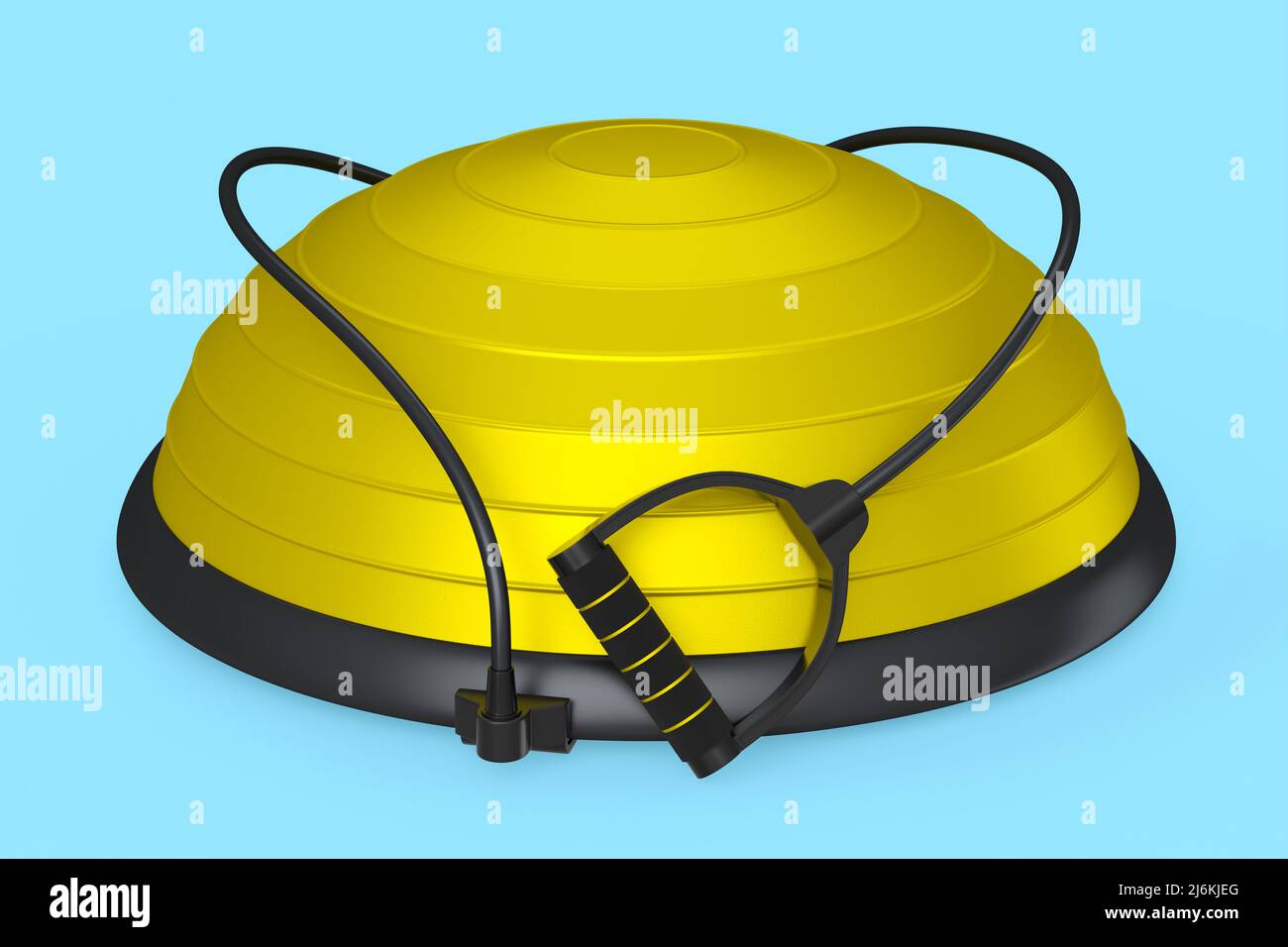 Yellow fitness ball with hand expander isolated blue background. 3d ...
