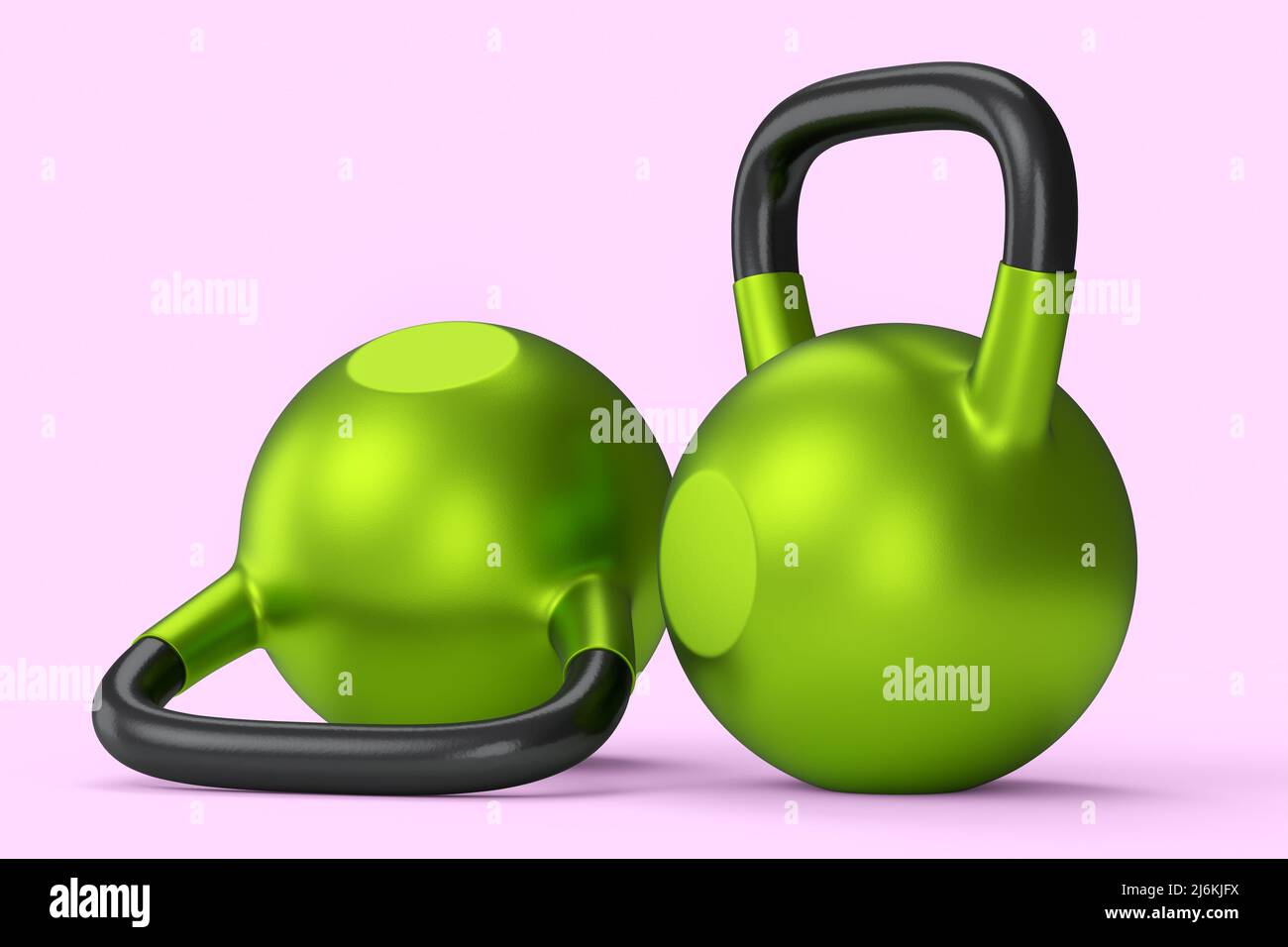Set of gym green kettlebell for workout isolated on pink background. 3d ...