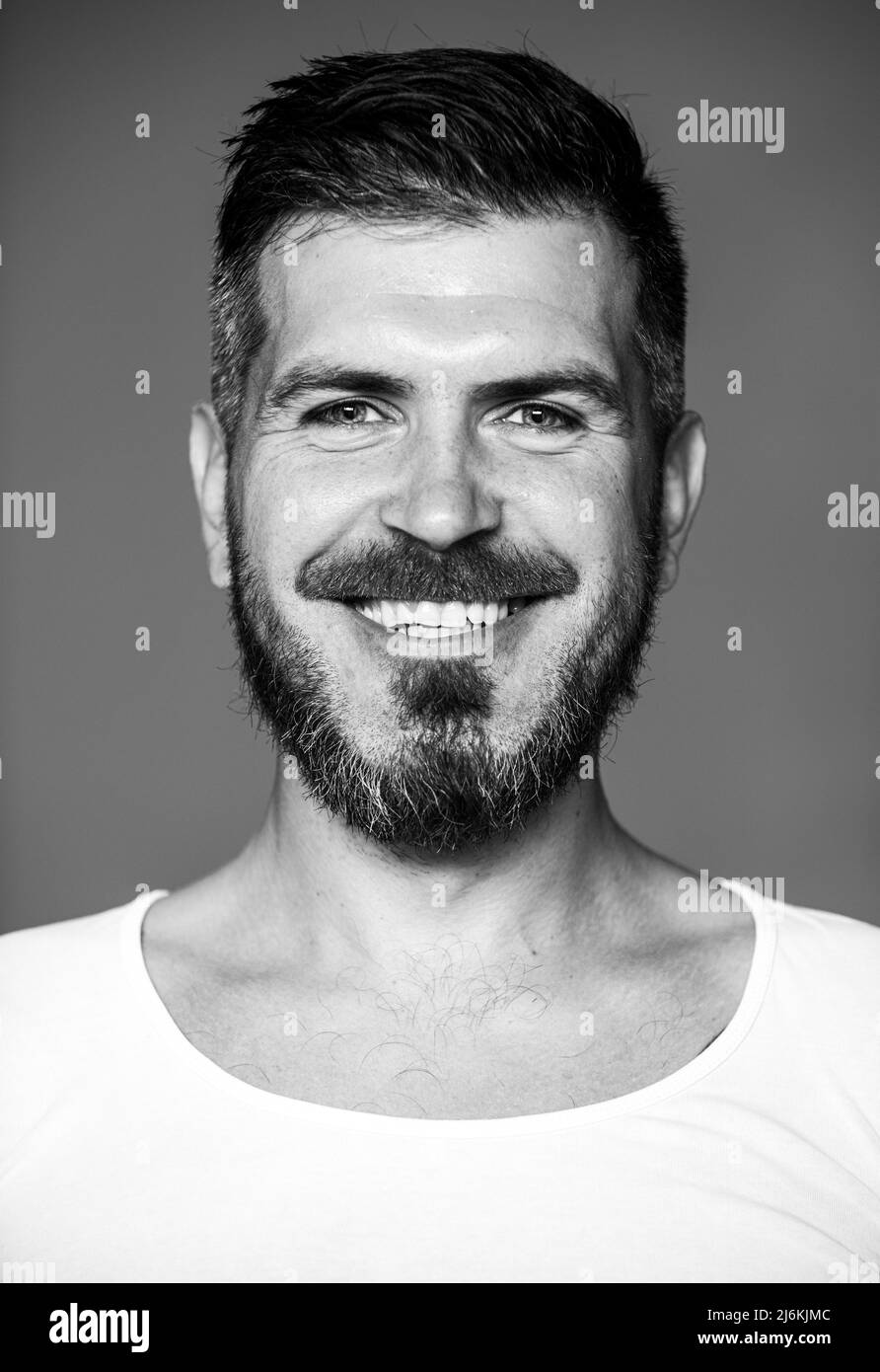 Happy man smile face. Barber with long beard and moustache in ...
