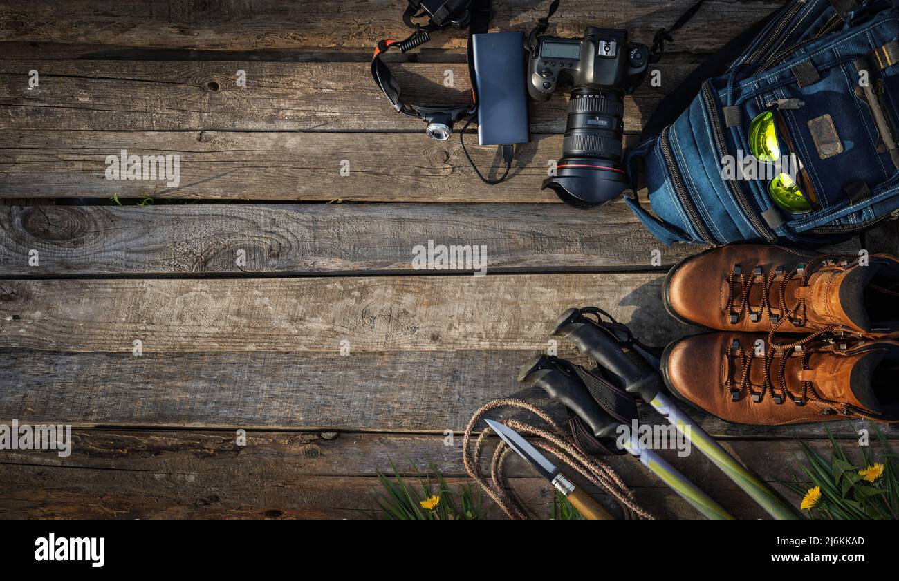Photographer's items, for travel. Top view of tools Stock Photo - Alamy