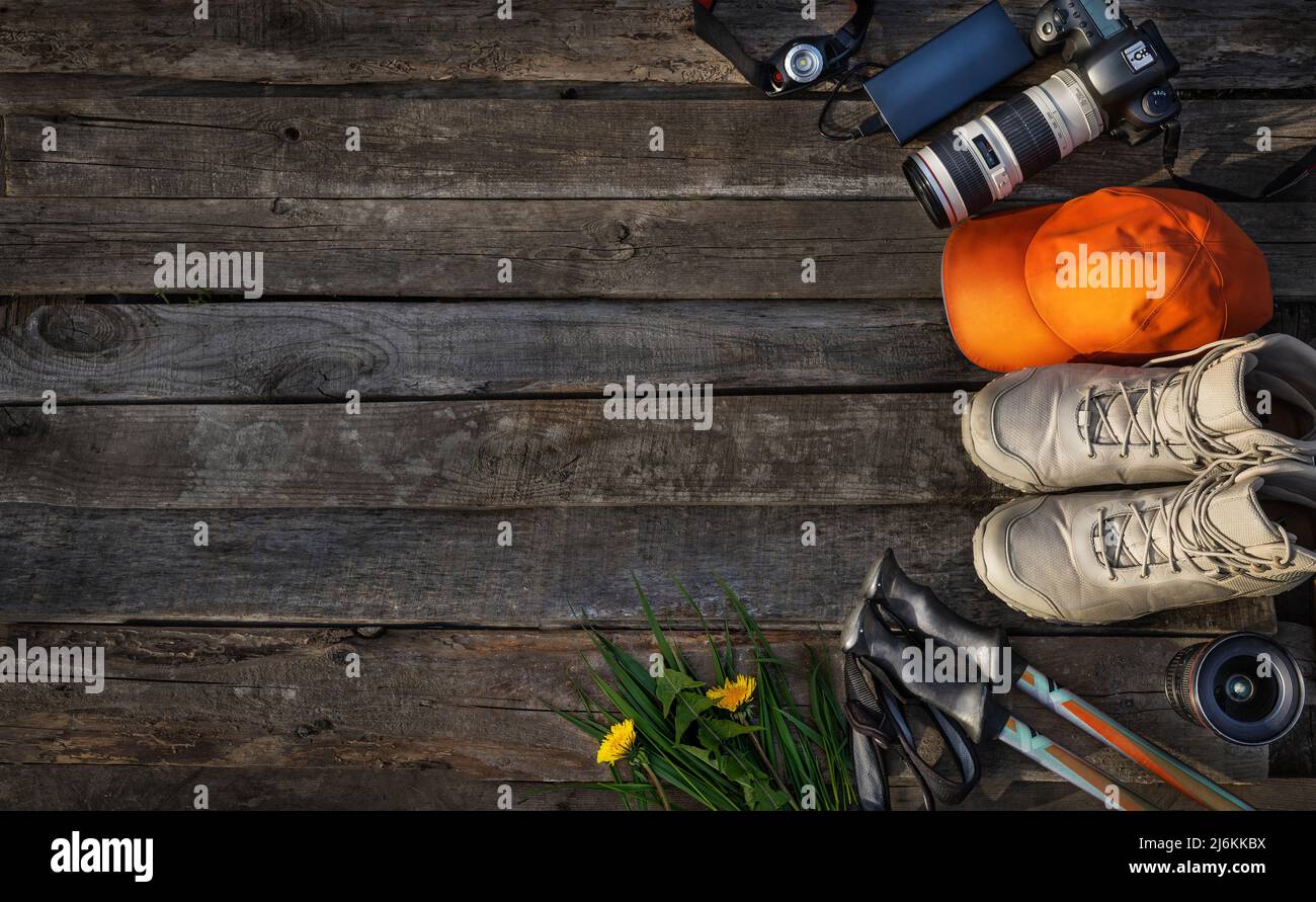 Photographer's items, for travel. Top view of tools Stock Photo - Alamy