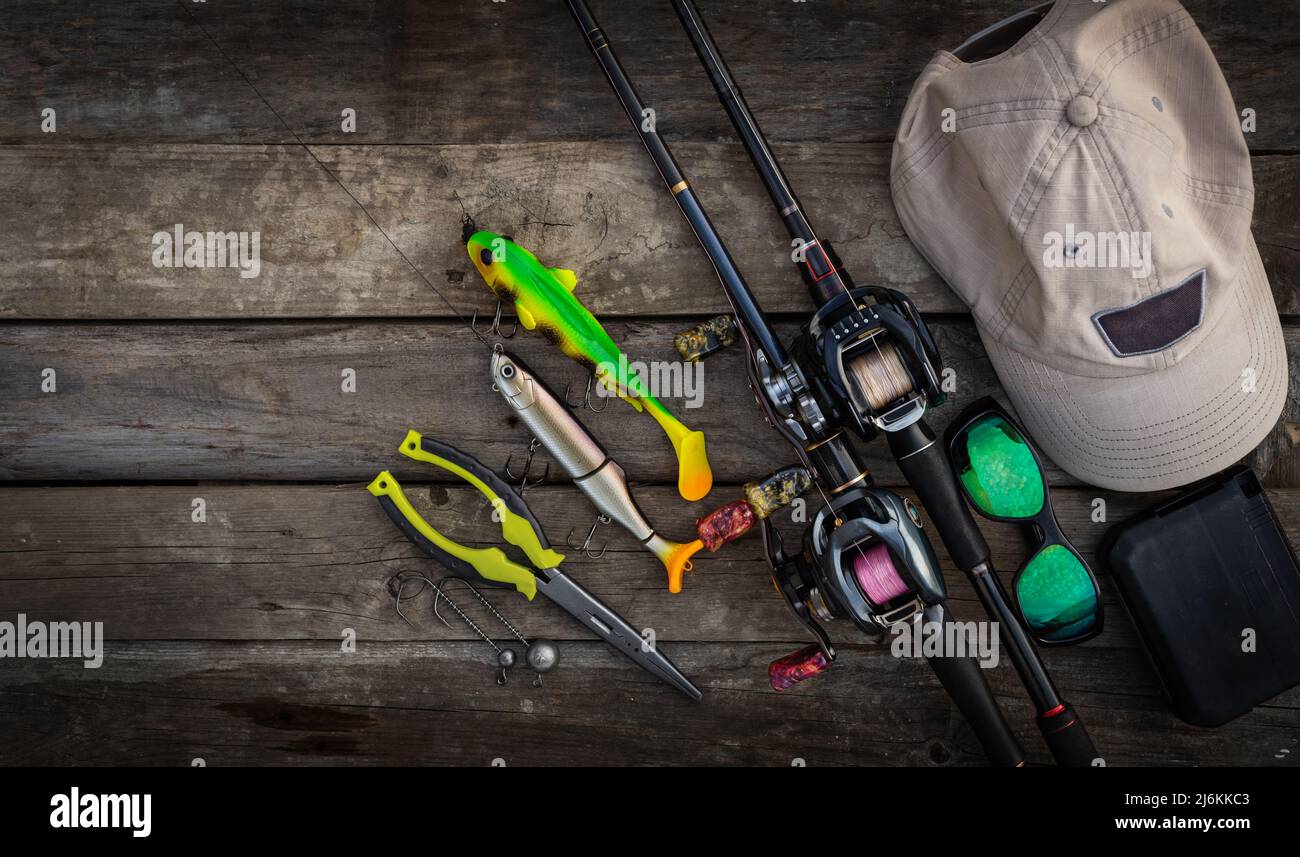 Fishing tackle background. Tools for big fish Stock Photo - Alamy