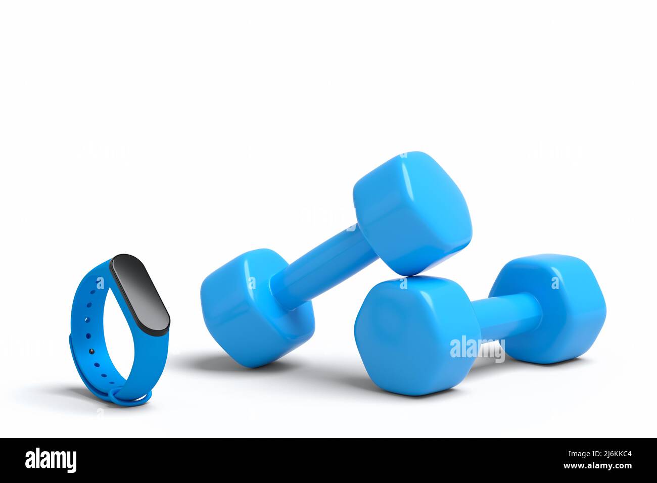 Isometric view of sport equipment like smart watches and dumbbell on ...