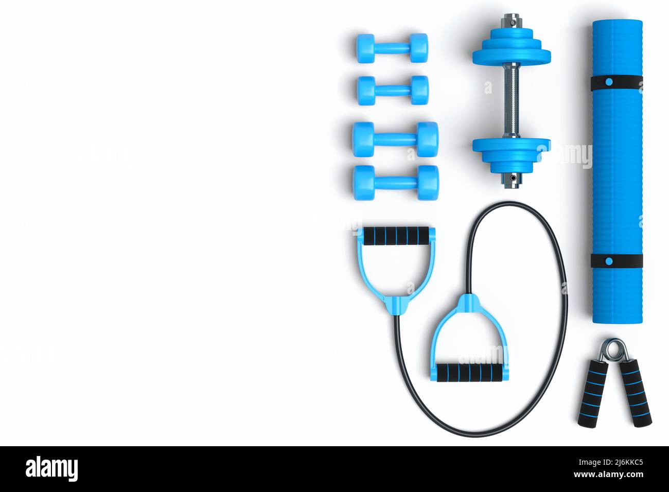 Top view of sport equipment like yoga mat, dumbbell and expander on ...