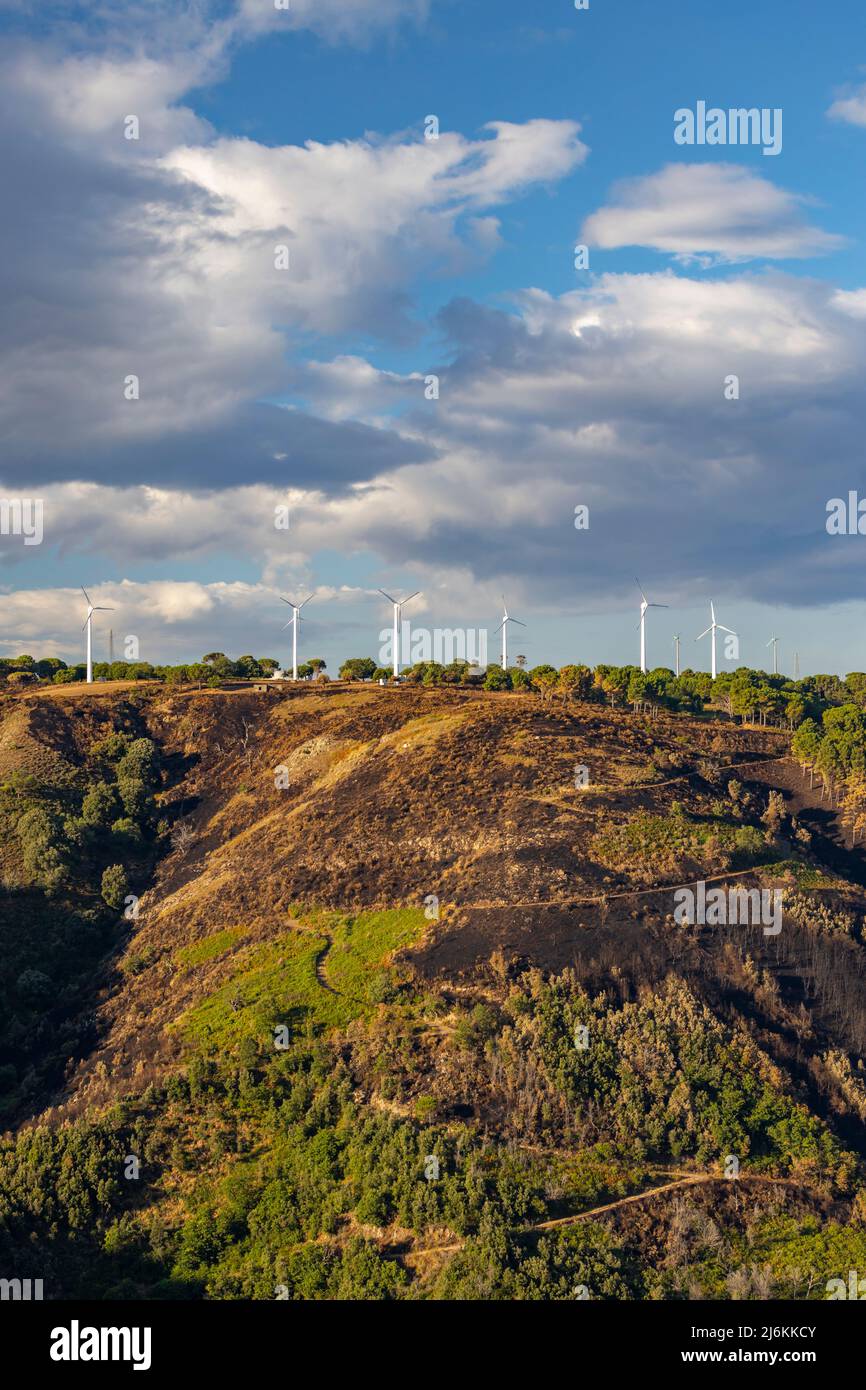 wind power plant illuminated by morning sun near Reggio di Calabria ...