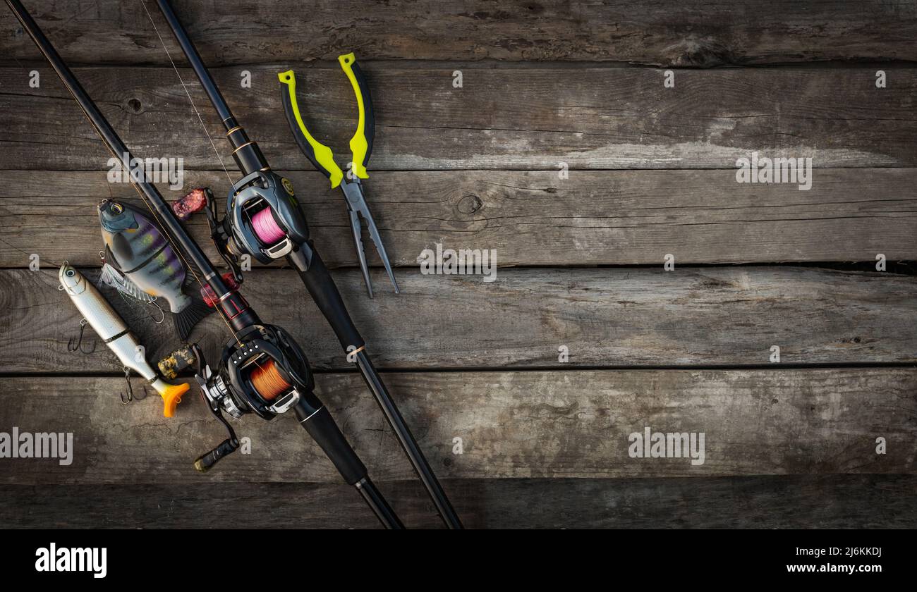 Fishing tackle background. Tools for big fish Stock Photo - Alamy