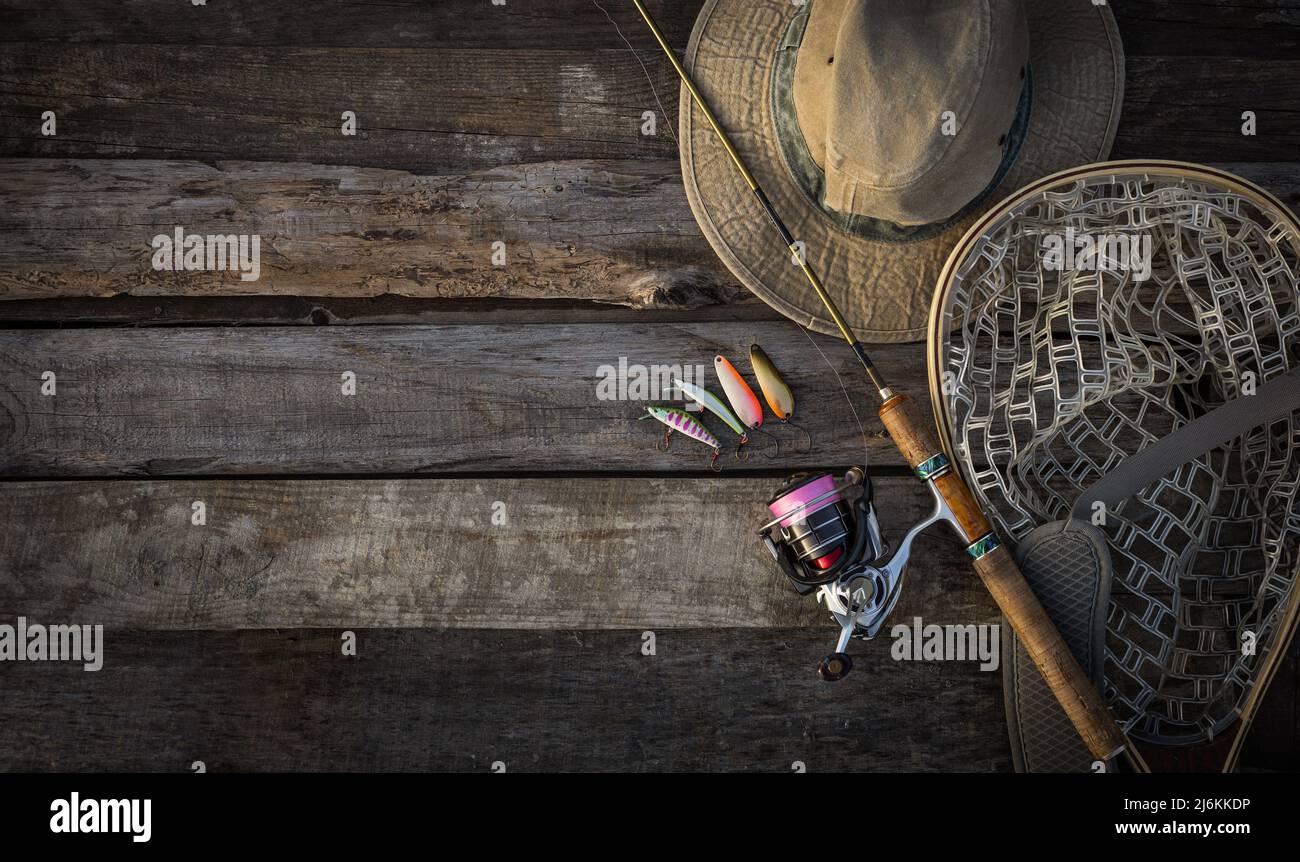 Fishing tackle background. Trout stream fishing Stock Photo - Alamy