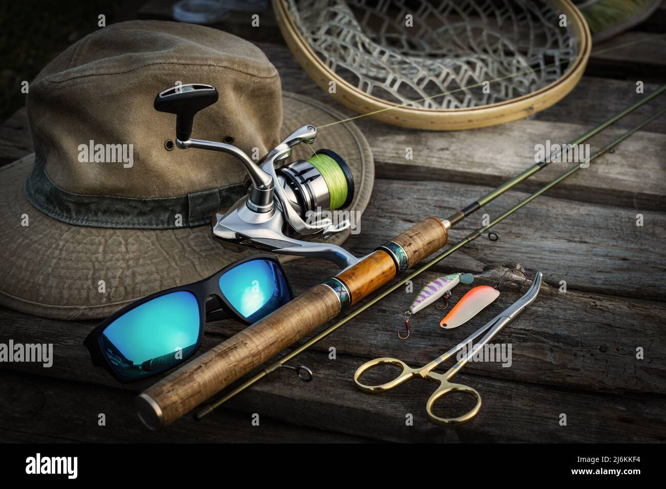 Fishing tackle background. Trout stream fishing Stock Photo - Alamy