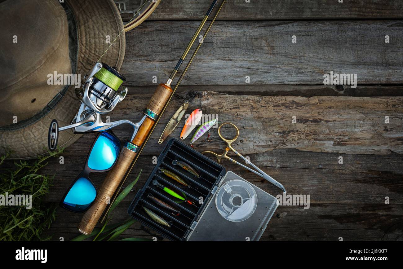 Fishing tackle background. Trout stream fishing Stock Photo - Alamy