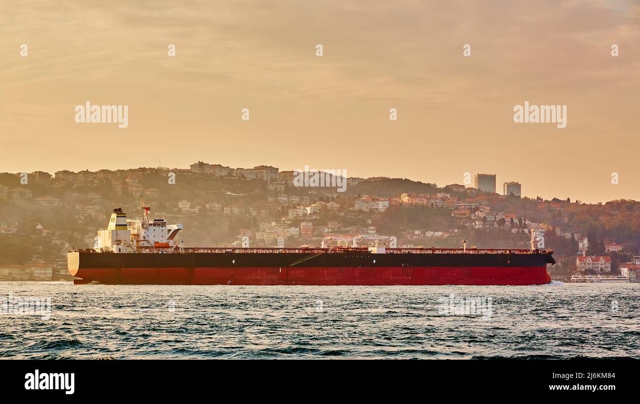 Cargo ship tanker in Bosphorus Strait about to pass under Bosphorus ...