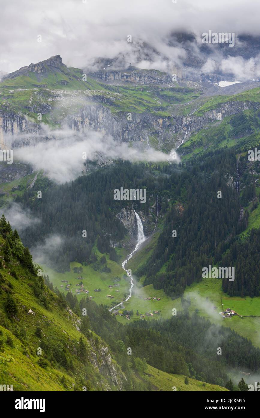 Typical alpine landscape with waterfalls (Niemerstafelbachfall), Swiss ...