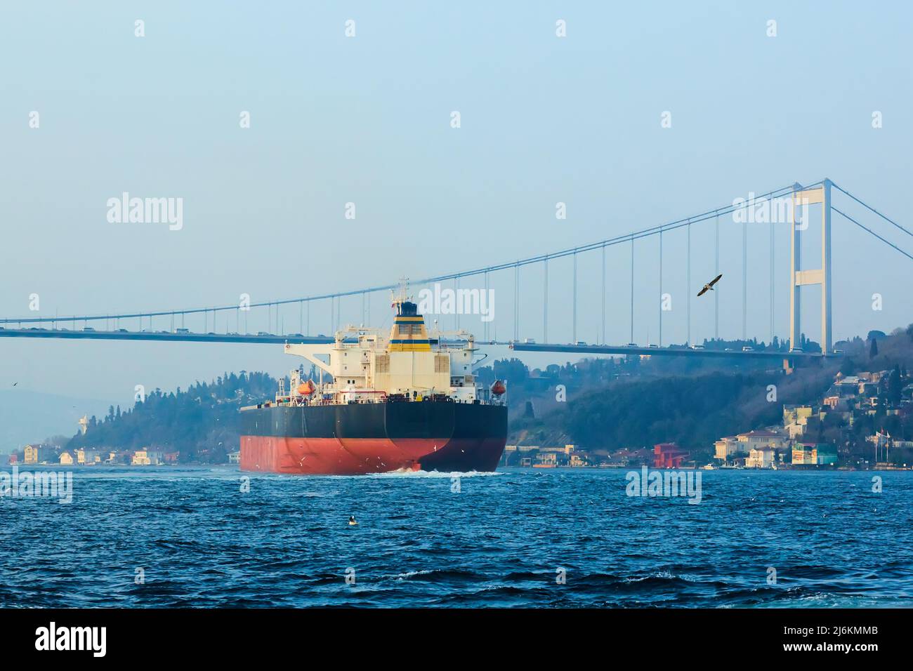 Cargo ship tanker in Bosphorus Strait about to pass under Bosphorus ...