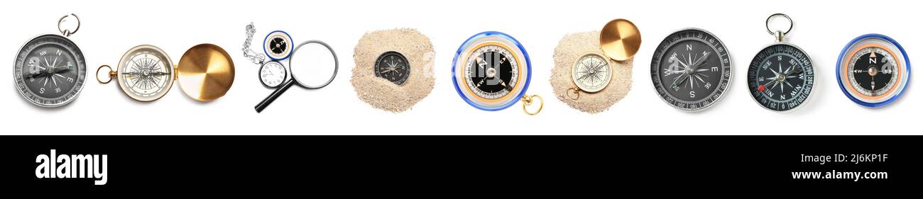 Set of different compasses isolated on white Stock Photo - Alamy
