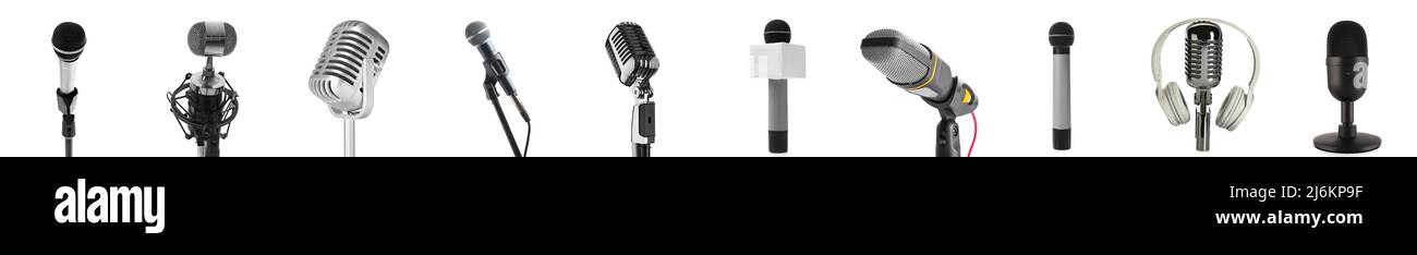 Set of different microphones isolated on white Stock Photo - Alamy